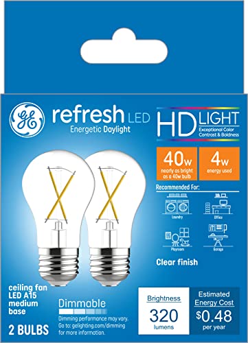 GE Refresh LED Light Bulbs, 40 Watt, Daylight, A15 Ceiling Fan Bulbs, Clear Finish (2 Pack)