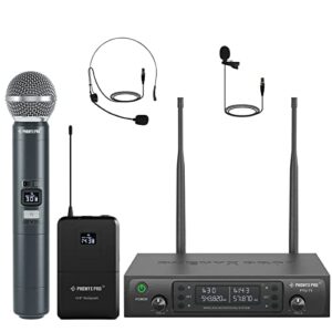 phenyx pro wireless microphone system, dual mic set with handheld/bodypack/lapel mics,auto scan, 2x100 uhf frequencies,328ft range,cordless microphone for singing, karaoke, church(ptu-71-1h1b)