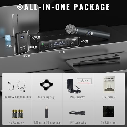 Phenyx Pro Wireless Microphone System, Dual Mic Set with Handheld/Bodypack/Lapel Mics,Auto Scan, 2x100 UHF Frequencies,328ft Range,Cordless Microphone for Singing, Karaoke, Church(PTU-71-1H1B)