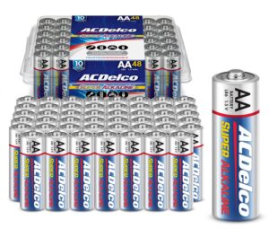 acdelco 48-count aa batteries, maximum power super alkaline battery, 10-year shelf life, recloseable packaging