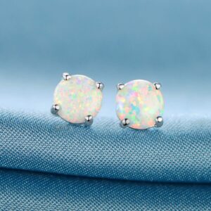 GEMSME 18K White Gold Plated Color 6mm Opal Stud Earrings Hypoallergenic Jewelry for Women (round)