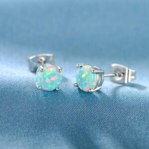 GEMSME 18K White Gold Plated Color 6mm Opal Stud Earrings Hypoallergenic Jewelry for Women (round)