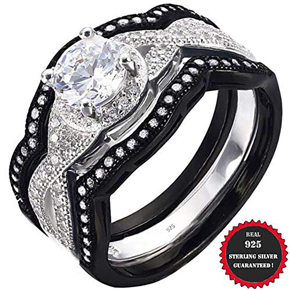 VPKJewelry Real 925 Sterling Silver Wedding Engagement 3 pc set Black White Weddings Engagement Adult Ladies Womens Ring 3.60 ct (10)