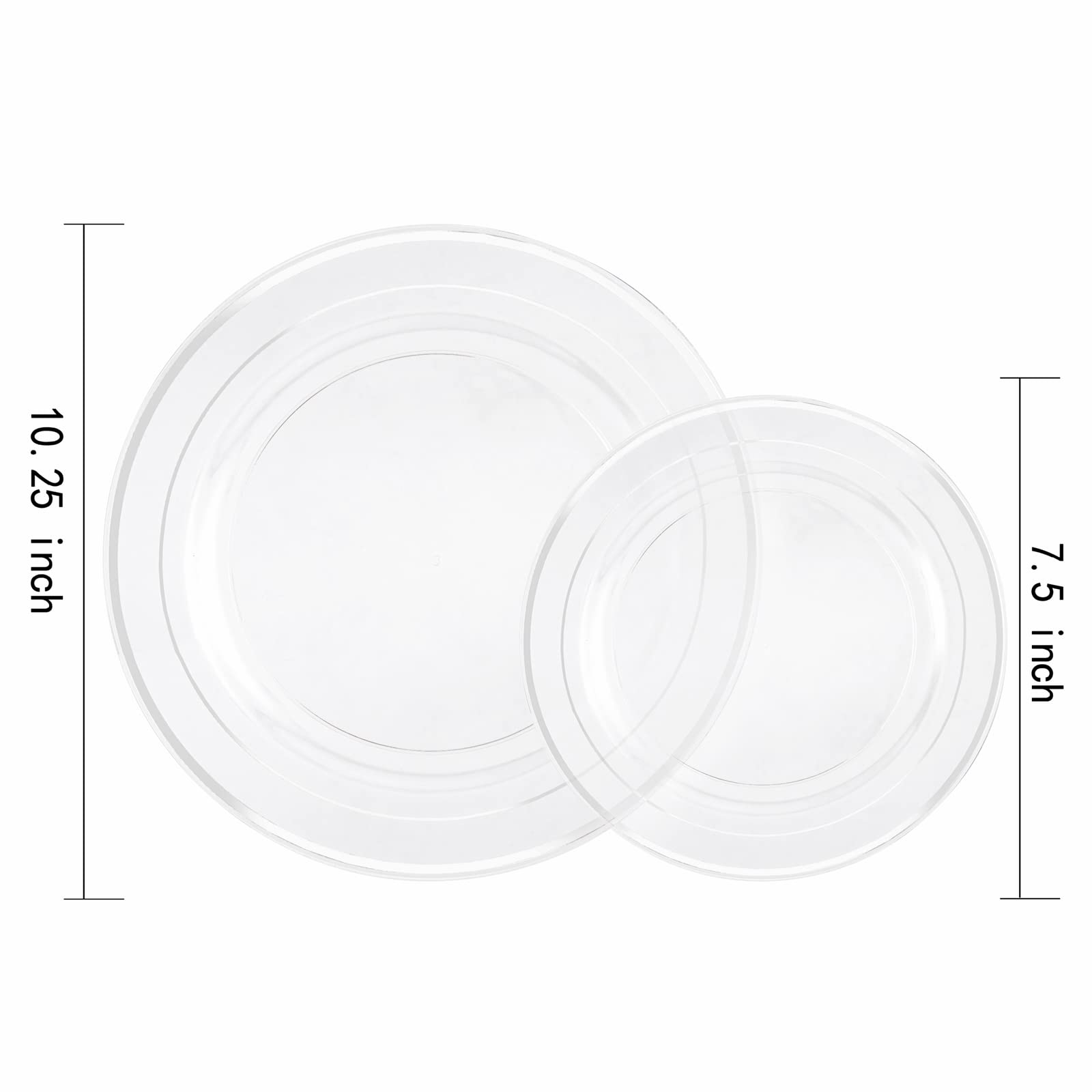 I00000 96 Pieces Clear Silver Plastic Plates, Clear Disposable Plates with Silver Rim Heavy Duty Fancy Wedding Party Plates Include 48 Dinner Plates 10.25" and 48 Dessert Appetizer Plates 7.5"