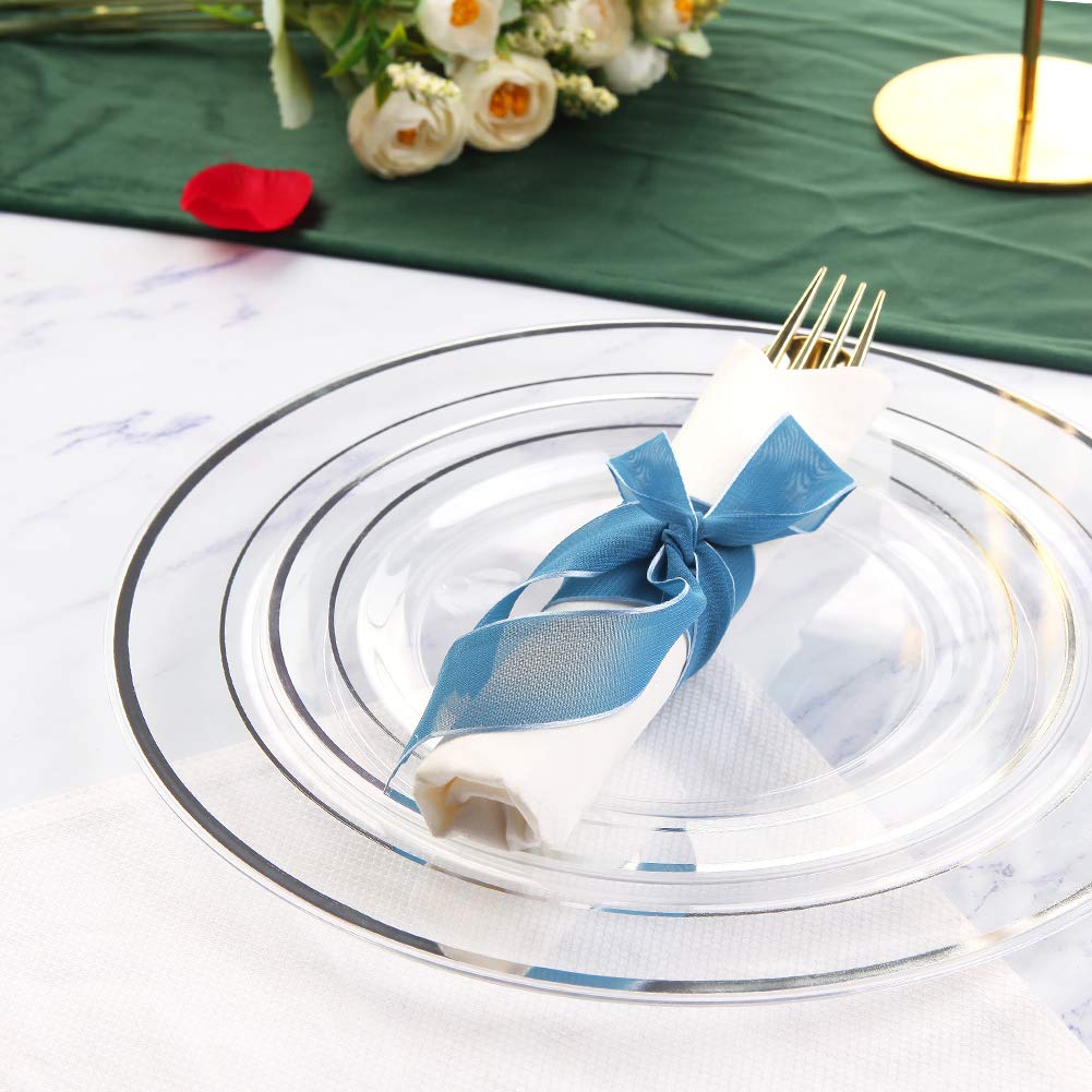 I00000 96 Pieces Clear Silver Plastic Plates, Clear Disposable Plates with Silver Rim Heavy Duty Fancy Wedding Party Plates Include 48 Dinner Plates 10.25" and 48 Dessert Appetizer Plates 7.5"