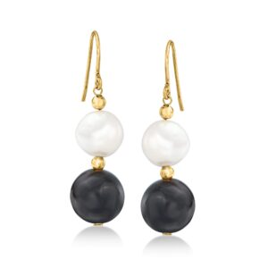 ross-simons 12mm onyx bead and 11-11.5mm cultured pearl drop earrings in 14kt yellow gold