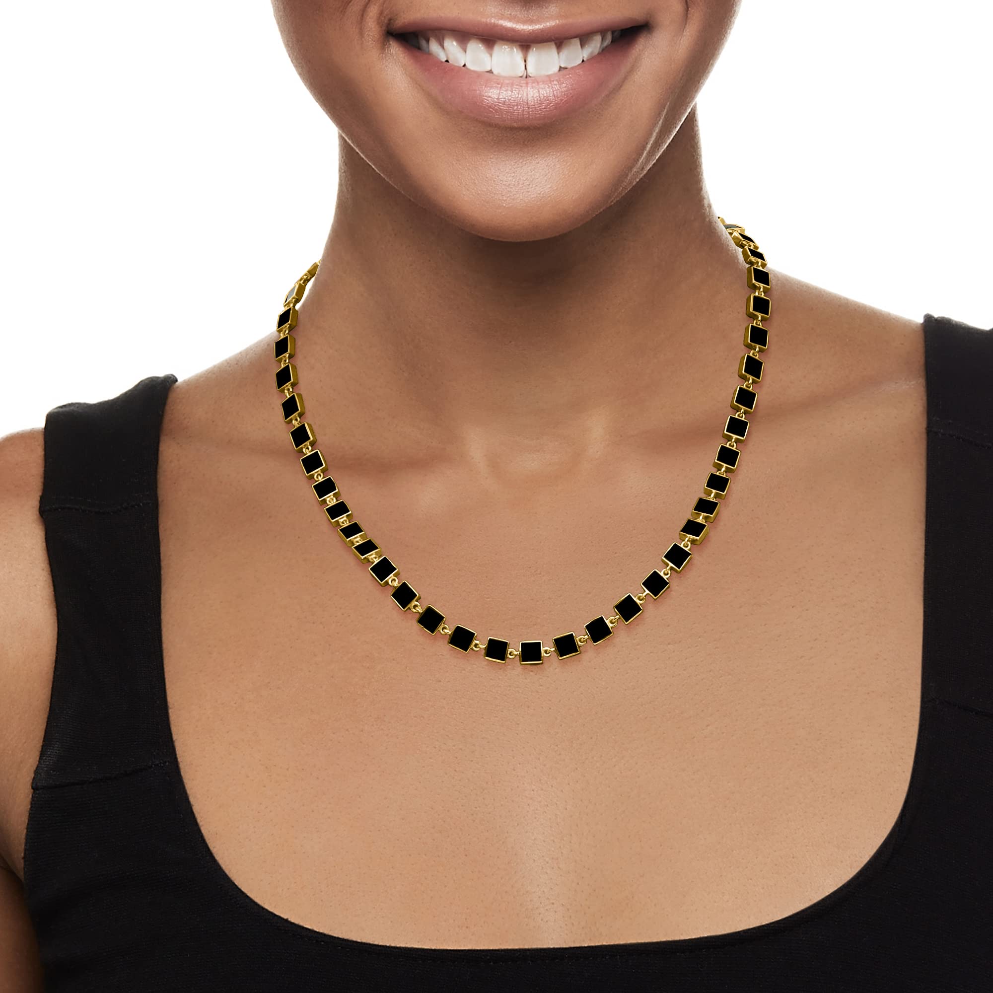 Ross-Simons Black Onyx Station Necklace in 18kt Yellow Gold Over Sterling Silver. 18 inches