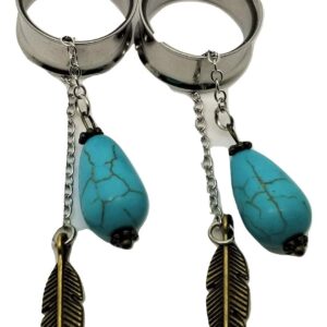 Pierced Republic Dangle Turquoise Bead Ear Plugs - Stainless Steel Screw-On - 6 Sizes - *Pair (00 Gauge (10mm))