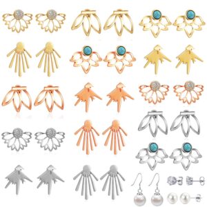 18 pairs multiple dainty lotus flower ear jacket earrings-minimalism cz bar turquoise studs-white rose gold plated statement chic fashion stud earring set new year christmas gift for teens girl women