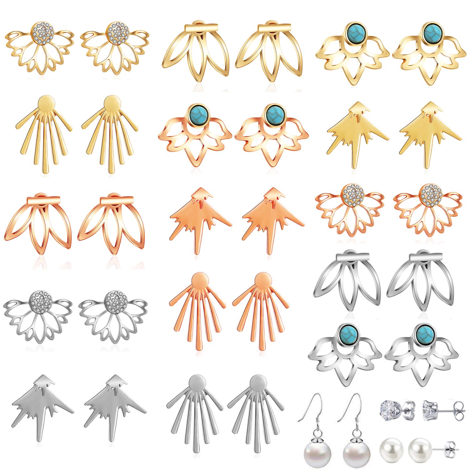 18 Pairs Multiple Dainty Lotus Flower Ear Jacket Earrings-Minimalism CZ Bar Turquoise Studs-White Rose Gold Plated Statement Chic Fashion Stud Earring Set New Year Christmas Gift for Teens Girl Women