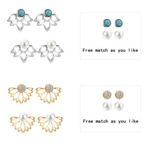 18 Pairs Multiple Dainty Lotus Flower Ear Jacket Earrings-Minimalism CZ Bar Turquoise Studs-White Rose Gold Plated Statement Chic Fashion Stud Earring Set New Year Christmas Gift for Teens Girl Women