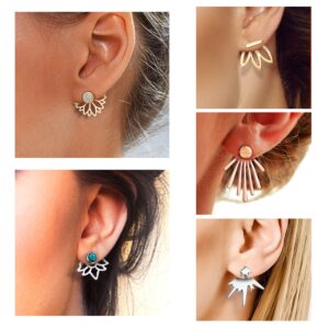 18 Pairs Multiple Dainty Lotus Flower Ear Jacket Earrings-Minimalism CZ Bar Turquoise Studs-White Rose Gold Plated Statement Chic Fashion Stud Earring Set New Year Christmas Gift for Teens Girl Women