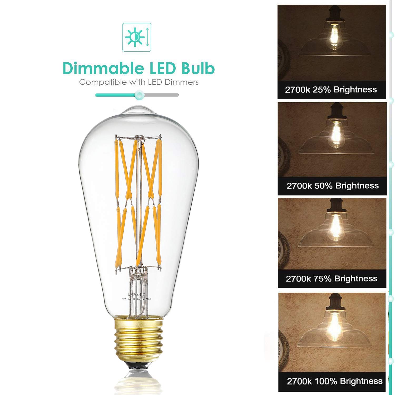 Leools 10W Edison Style Vintage LED Filament Light Bulb,100 Watt Equivalent Light Bulbs,Dimmable,Warm White 2700K,1200LM,ST64, E26 Medium Base Lamp, Antique Shape, (2 Pack)