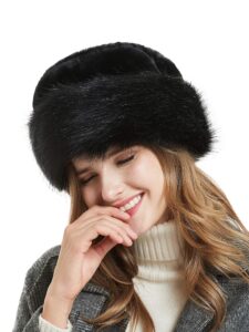 soul young women's leopard faux fur hat with fleece and elastic for winter(one size,black)