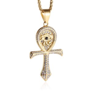 hzman cz eye of horus egypt protection pendant coptic ankh cross religious stainless steel necklace (gold)