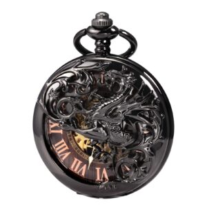 treeweto mens antique dragon mechanical skeleton pocket watch wooden roman numerals dial black double case pocket watches for men