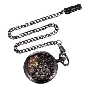 TREEWETO Mens Antique Dragon Mechanical Skeleton Pocket Watch Wooden Roman Numerals Dial Black Double Case Pocket Watches for Men