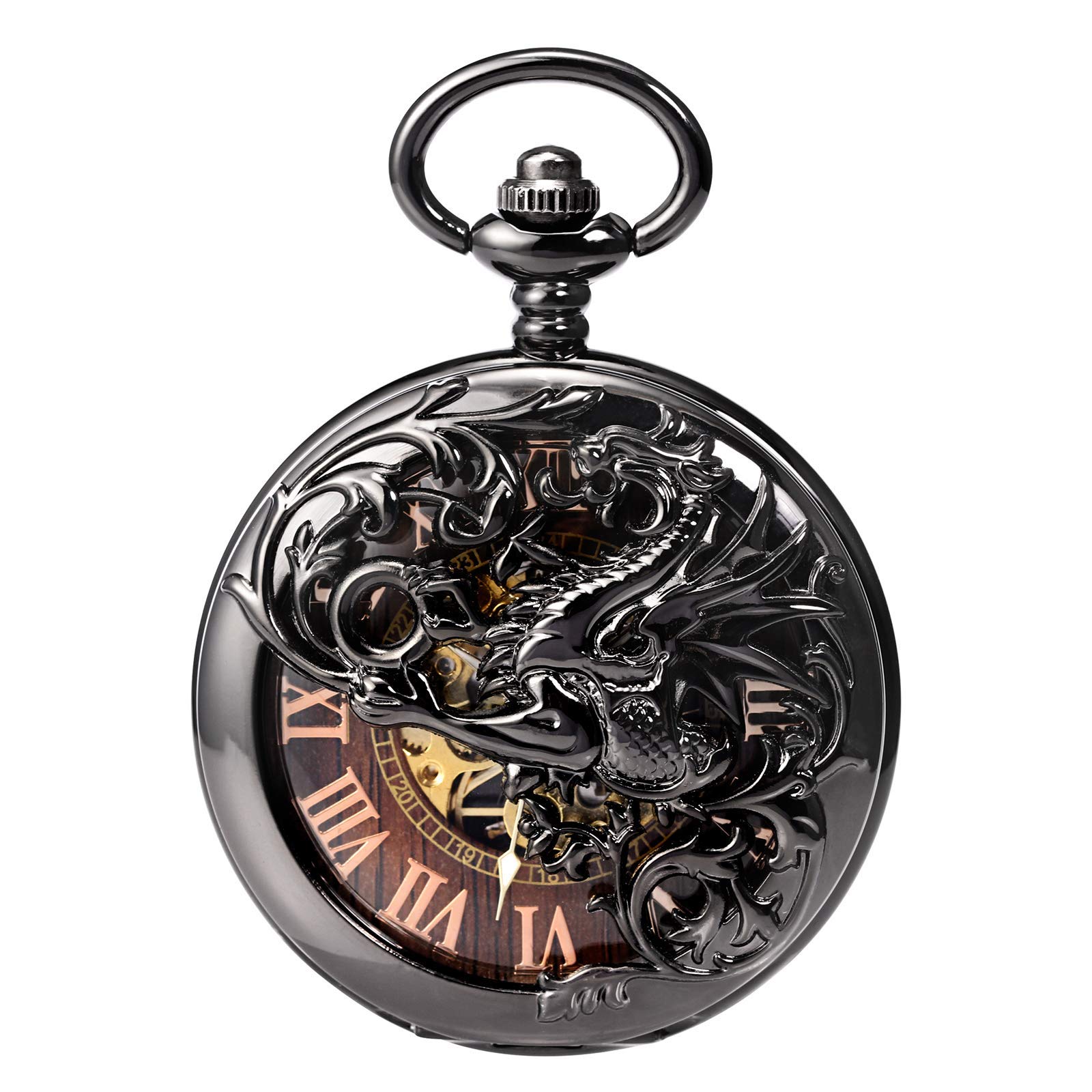 TREEWETO Mens Antique Dragon Mechanical Skeleton Pocket Watch Wooden Roman Numerals Dial Black Double Case Pocket Watches for Men