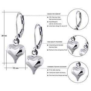 555Jewelry Stainless Steel Heart Shaped Earrings for Women - Silver Heart Hoop Earrings, Heart Love Cute Dangle Drop Lever Back Earrings - 1.1 inches