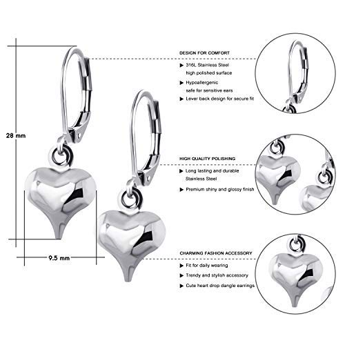 555Jewelry Stainless Steel Heart Shaped Earrings for Women - Silver Heart Hoop Earrings, Heart Love Cute Dangle Drop Lever Back Earrings - 1.1 inches