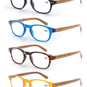 MODFANS 4 Pack Reading Glasses 1.5 Fashion Wood-Look Spring Hinges Stylish Readers Men Women