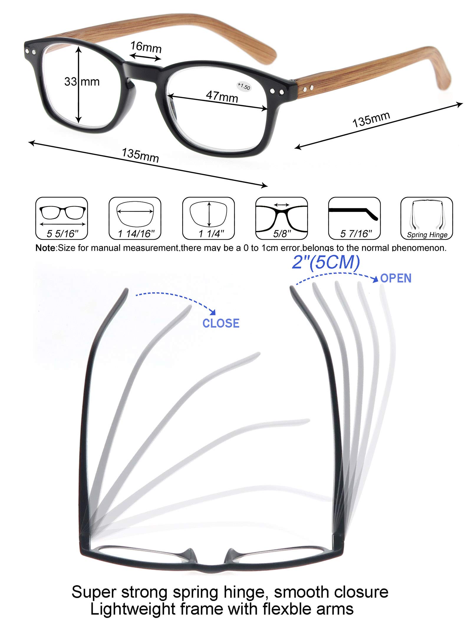 MODFANS 4 Pack Reading Glasses 1.5 Fashion Wood-Look Spring Hinges Stylish Readers Men Women