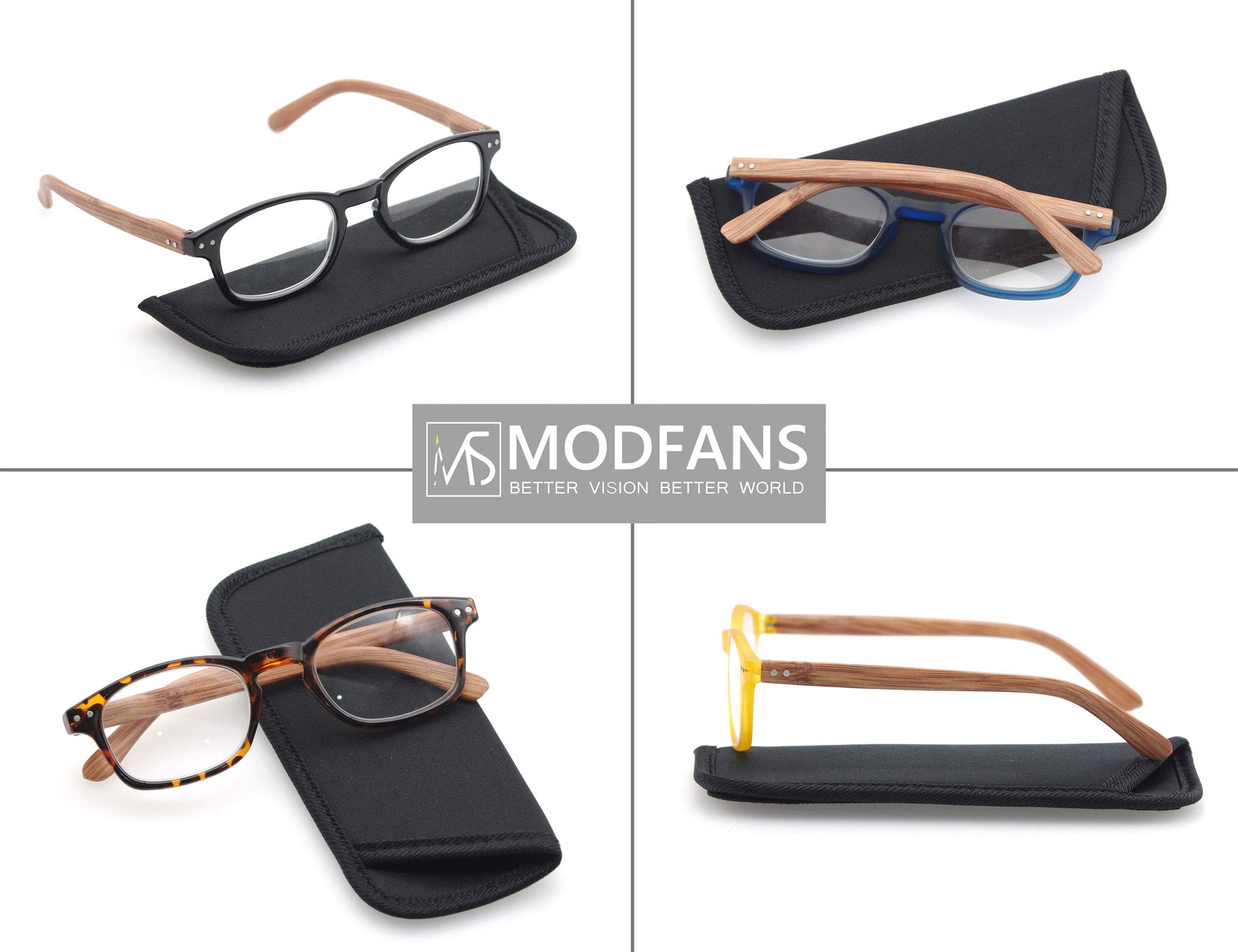 MODFANS 4 Pack Reading Glasses 1.5 Fashion Wood-Look Spring Hinges Stylish Readers Men Women