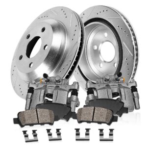 callahan rear replacement calipers and drilled slotted brake rotors + ceramic brake pads + hardware brake kit for ford edge explorer flex taurus lincoln mks mkx