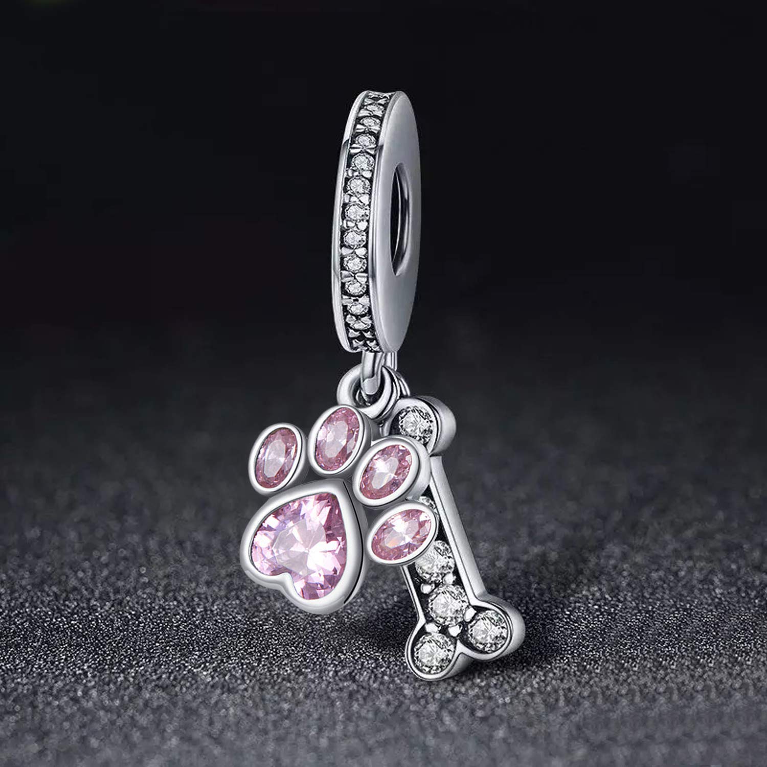 Dog Paw Charm Fit for Pandora Charms Bracelet Pink Heart Zircon Bead Charms Birthday Jewelry Gifts