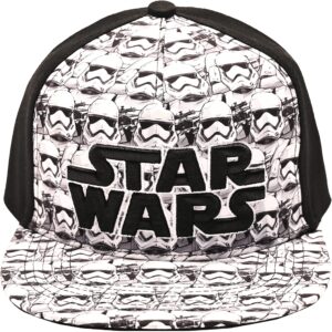 disney mens star wars embroidered logo and stormtrooper all over adjustable snapback baseball hat with flat brim black white one size, black, one size us