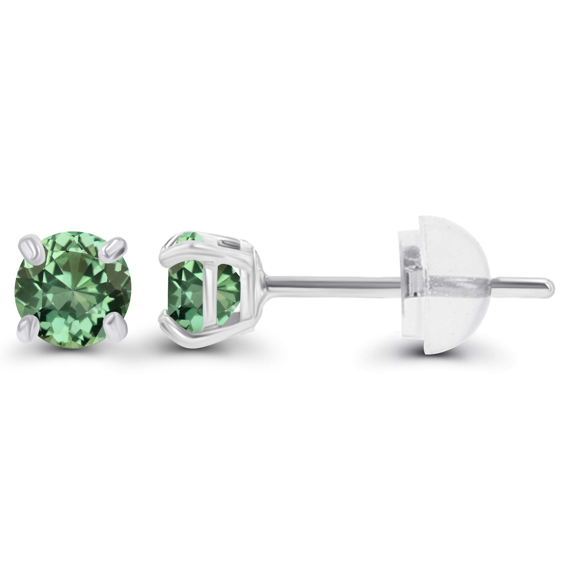 Genuine 10K Solid White Gold 3mm Round Created Green Sapphire September Birthstone Stud Earrings For Women