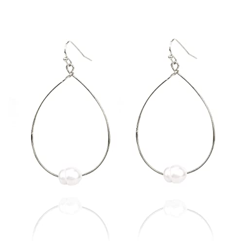 Pomina Lightweight Pearl Hoop Earrings, Gold Teardrop Pearl Dangle Drop Earrings for Women (Rhodium)