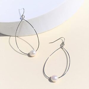 Pomina Lightweight Pearl Hoop Earrings, Gold Teardrop Pearl Dangle Drop Earrings for Women (Rhodium)