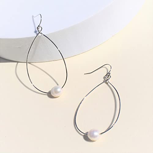 Pomina Lightweight Pearl Hoop Earrings, Gold Teardrop Pearl Dangle Drop Earrings for Women (Rhodium)