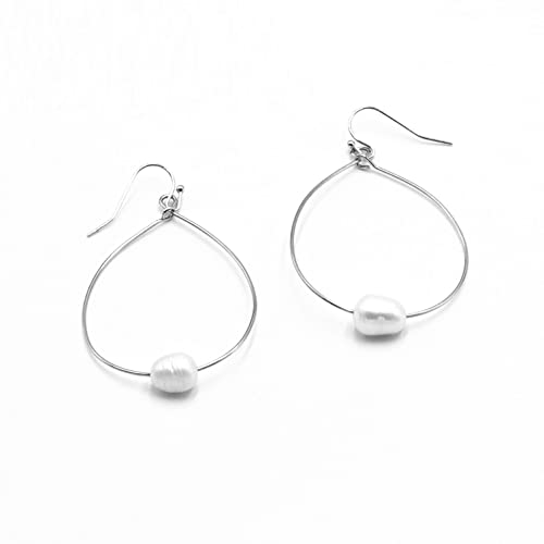 Pomina Lightweight Pearl Hoop Earrings, Gold Teardrop Pearl Dangle Drop Earrings for Women (Rhodium)