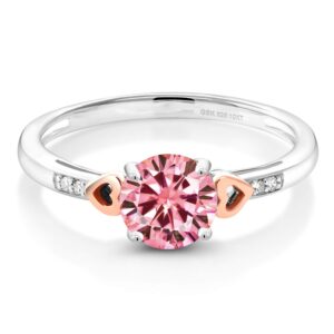 gem stone king 925 silver and 10k rose gold pink moissanite and white diamond solitaire engagement ring for women (1.03 cttw, round 6.5mm, gemstone birthstone, size 6)