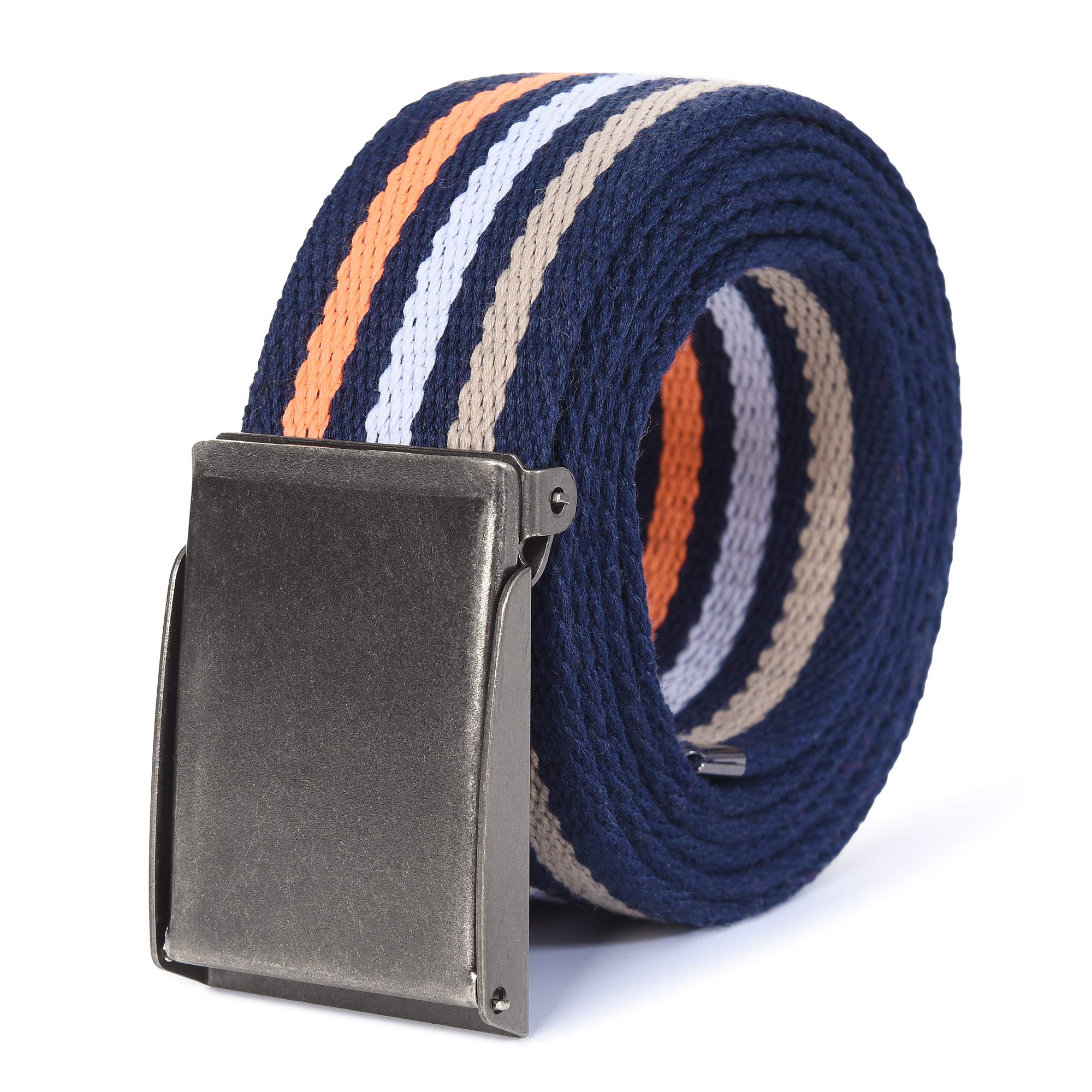 Mile High Life Canvas Web Belt | Cut to Fit Up to 52" | Flip-Top Matte Silver Nickel Buckle (Navy White)