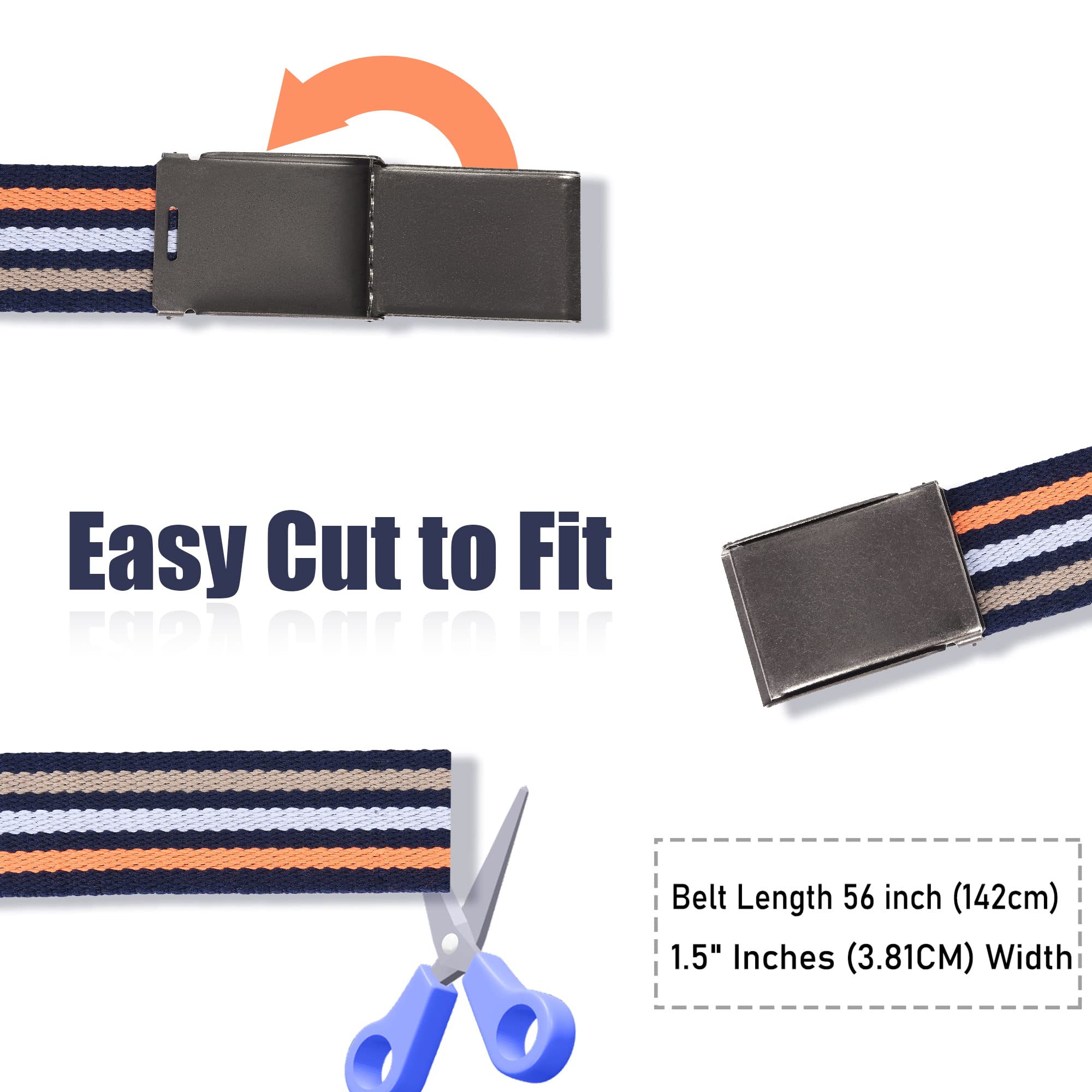 Mile High Life Canvas Web Belt | Cut to Fit Up to 52" | Flip-Top Matte Silver Nickel Buckle (Navy White)