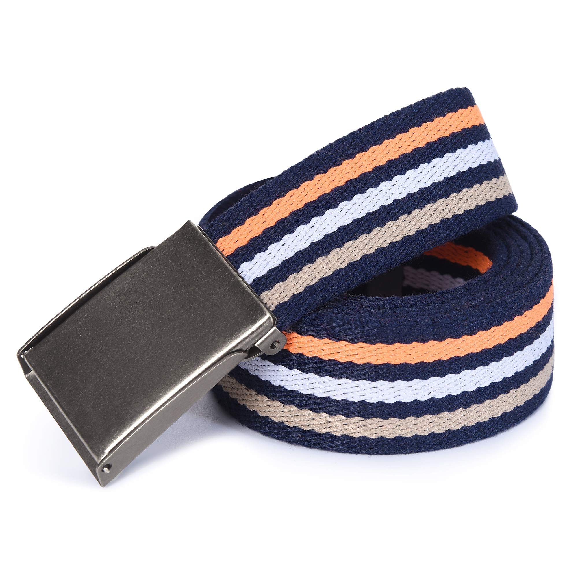 Mile High Life Canvas Web Belt | Cut to Fit Up to 52" | Flip-Top Matte Silver Nickel Buckle (Navy White)