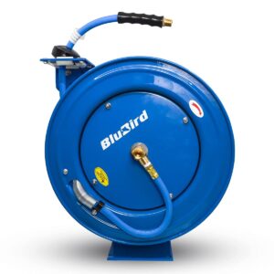 blubird bbrhd1250 18ga. retractable hose reel with 1/2" x 50' air hose, 12 point ratcheting gear, next-gen rubber, lightest, strongest, most flexible, 300 psi, -50f to 190f degrees, polyester braided