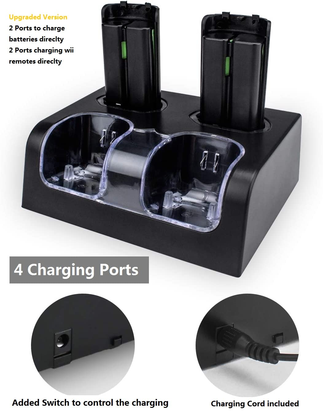 TechKen 4 Charging Ports Charging Station for Wii Controller, Includes 4 Rechargeable Batteries Wii Charger Wii Charger Docking Station (Updated Version)