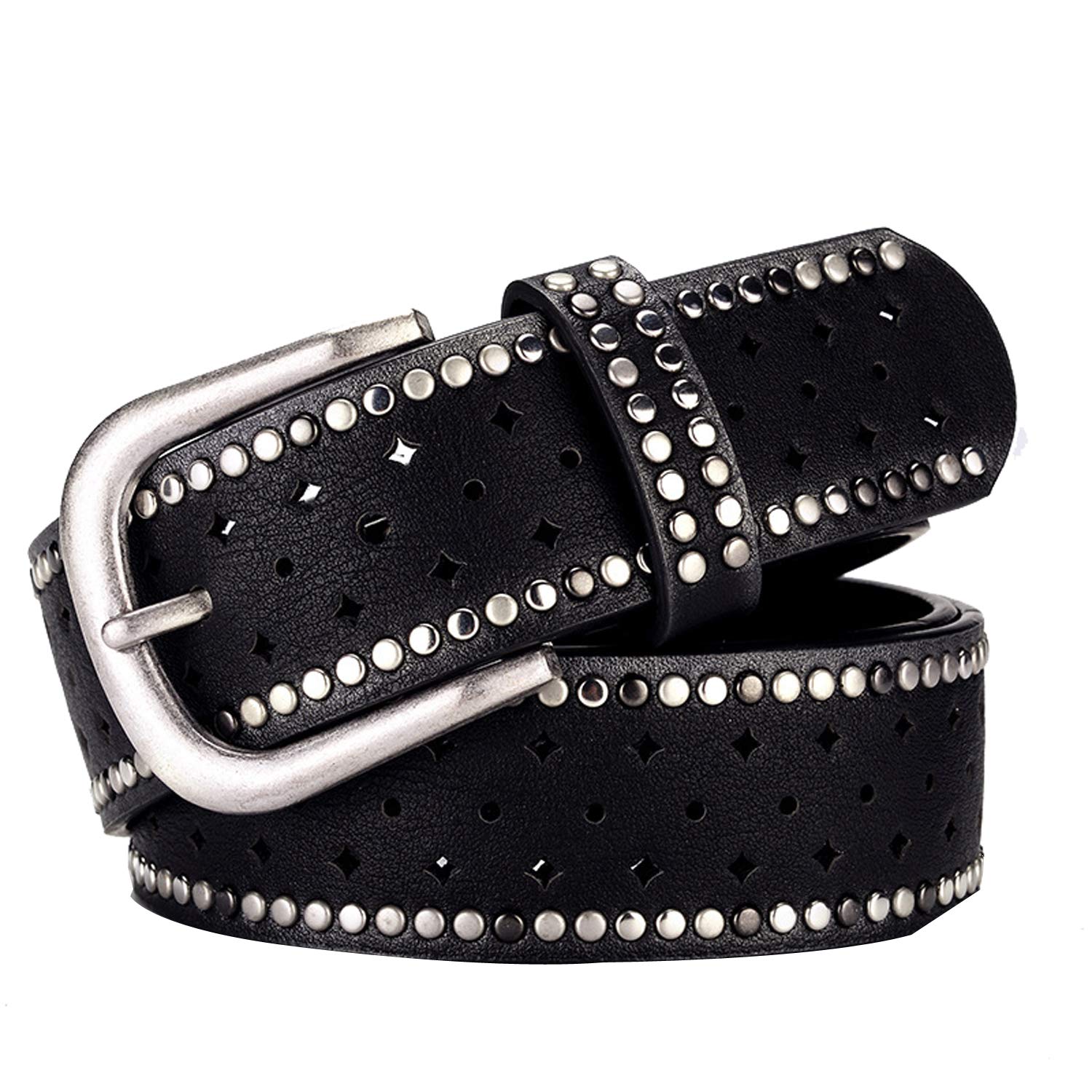 Wemi Womens Retro Rivet Jean Belt Western Cowgirl Punk Rock Studded Bling Belts, Length 43 inch Black