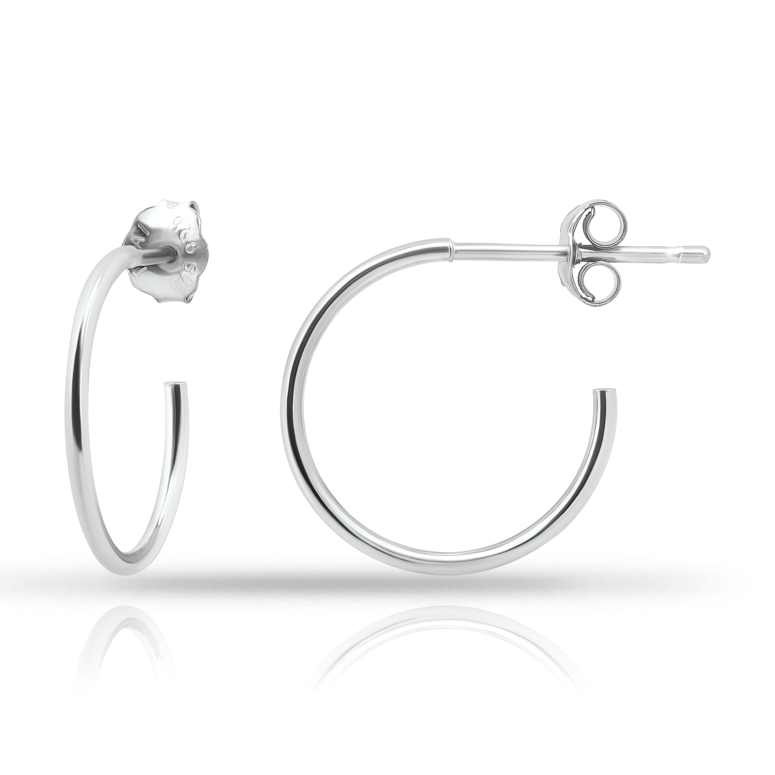 Hoops & Loops 925 Sterling Silver Open 1.5mm Thin Polished Round C-Hoop Earrings, 15mm