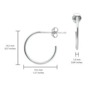 Hoops & Loops 925 Sterling Silver Open 1.5mm Thin Polished Round C-Hoop Earrings, 15mm