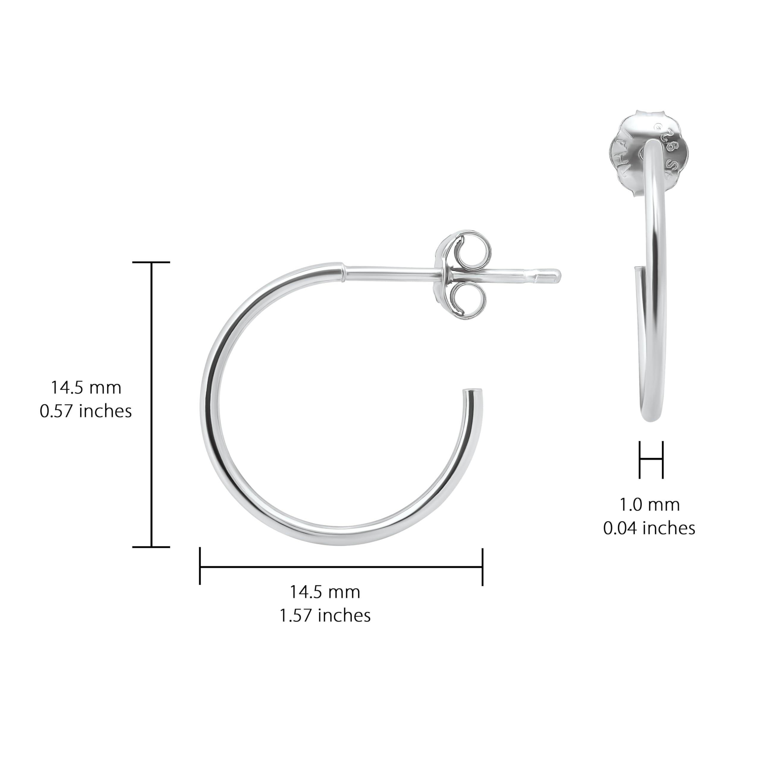 Hoops & Loops 925 Sterling Silver Open 1.5mm Thin Polished Round C-Hoop Earrings, 15mm