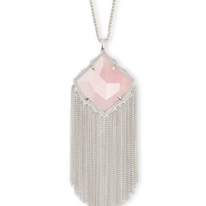 Kendra Scott Kingston Long Pendant Fringe Necklace for Women, Fashion Jewelry, Rhodium-Plated, Rose Quartz