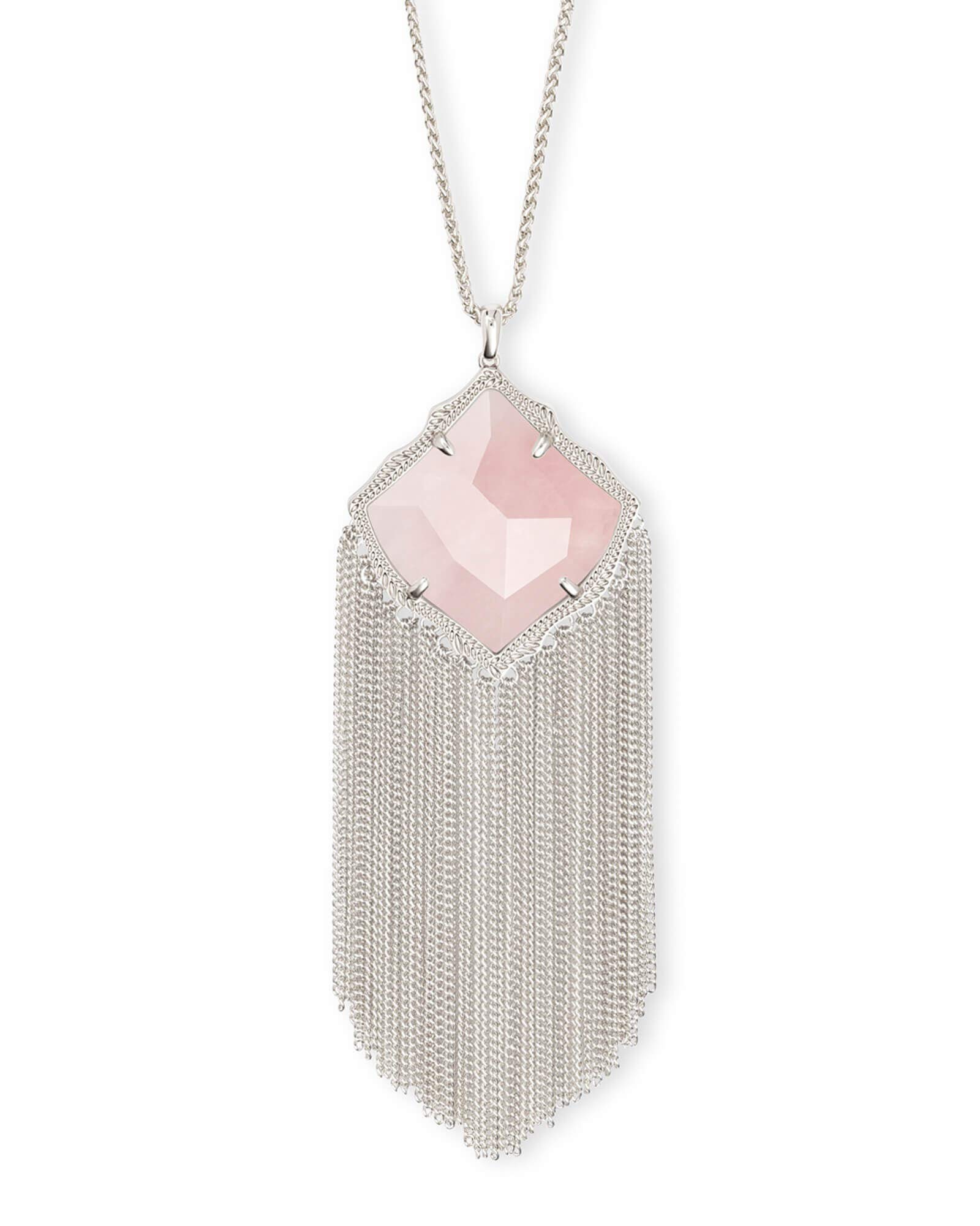 Kendra Scott Kingston Long Pendant Fringe Necklace for Women, Fashion Jewelry, Rhodium-Plated, Rose Quartz