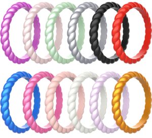 zollen 12 packs silicone wedding rings for women, thin braided rubber wedding bands stackable ring, hypoallergenic silicone, size 6