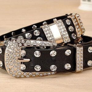 Women's Western Cowgirl Rhinestone Studded Bling Belt, Luxury Designer Jeans Women Belt Length 41 inch Black