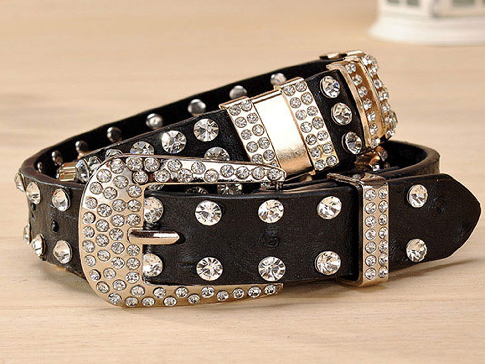 Women's Western Cowgirl Rhinestone Studded Bling Belt, Luxury Designer Jeans Women Belt Length 41 inch Black